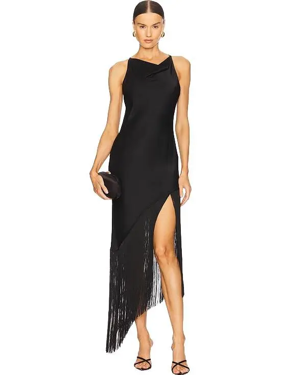 Lapointe Satin Cowl Neck Fringe Dress - Black
