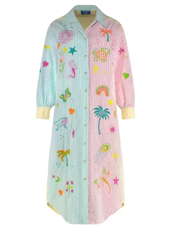 SUSANNA BLU Giglio Striped Embroidered Shirt Dress - Pink
