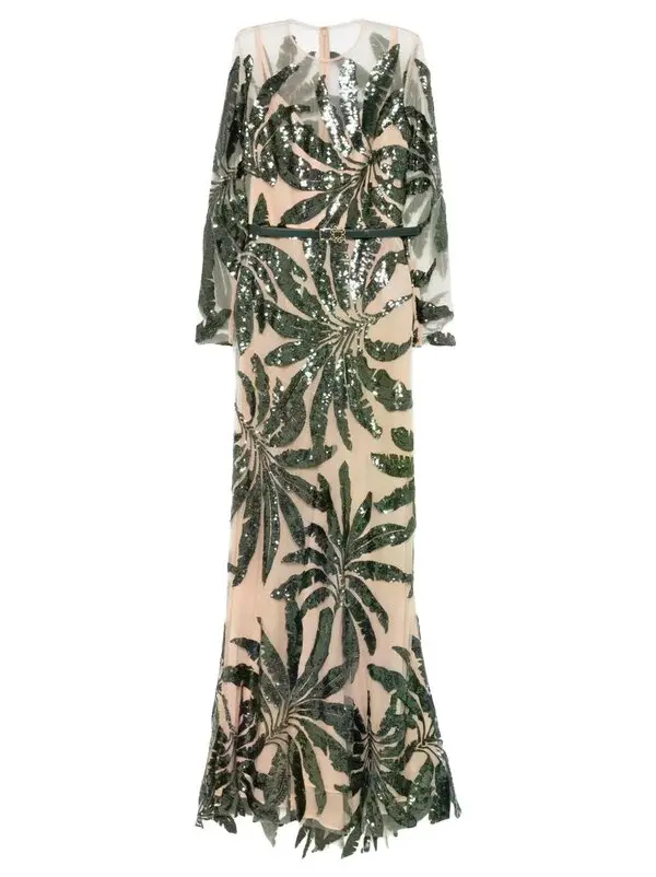 Elie Saab Embroidered Tulle Maxi Dress - Green
