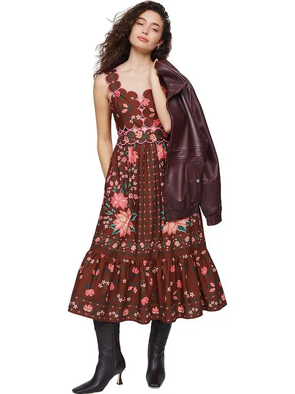 Farm Rio X Sleeveless Scallop-trim Printed Midi Dress - Brown Pattern