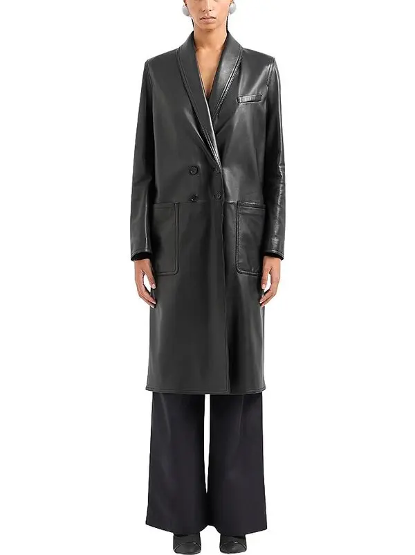 Emporio Armani Leather Midi Coat - Solid Black