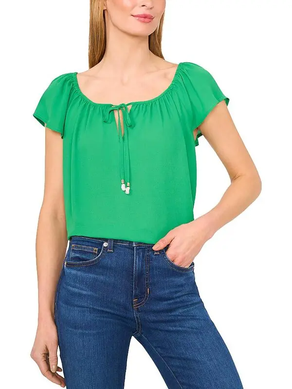 CECE DUPRAZ Round Neck Flutter Sleeve Top - Medium Green