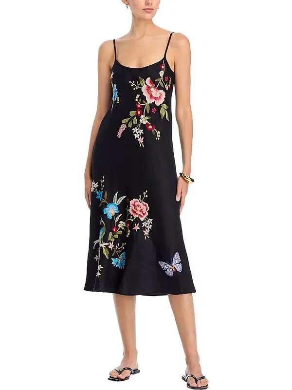 Johnny Was Embroidered Linen Slip Dress - Black