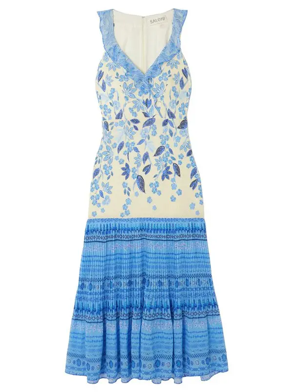 Saloni Amy Printed Plissé Silk-georgette Midi Dress - Blue