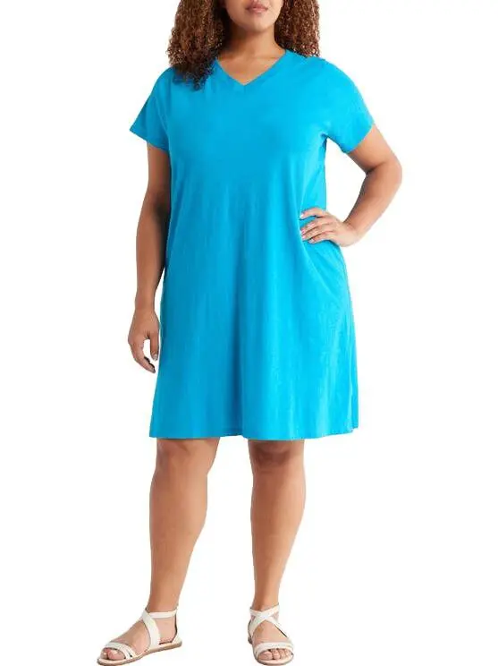 Eileen Fisher V-neck Organic Cotton T-shirt Dress - Oahu Blue