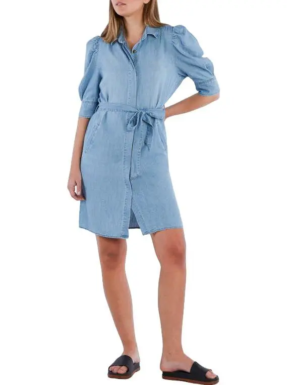 WASH LAB DENIM Puff Sleeve Tie Belt Denim Shirtdress - Faded Denim
