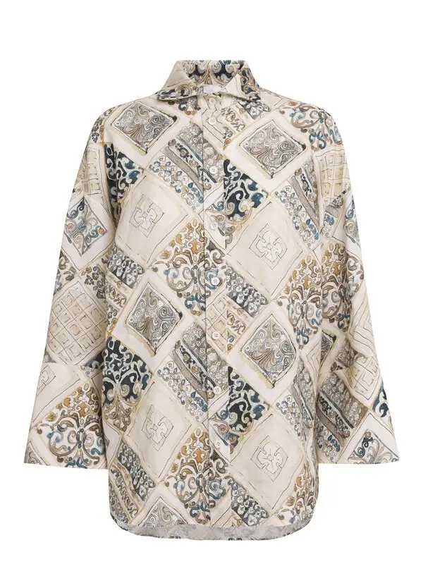 Eleventy Linen Printed Kimono Shirt - Beige