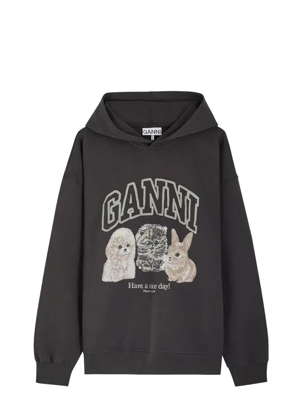 GANNI Printed Hooded Cotton Sweatshirt - Black