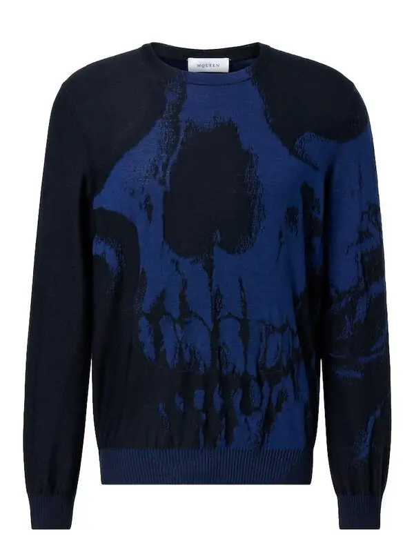 Alexander McQueen Skull Jacquard Wool Sweater - Blue