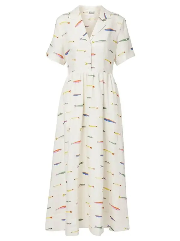 Staud Meryl Printed Linen Shirt Dress - White