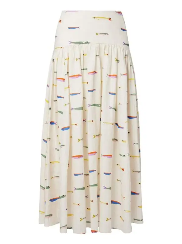 Staud Procida Printed Linen Maxi Skirt - White