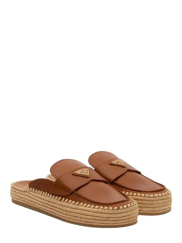 Prada Leather Espadrille Mules - Brown