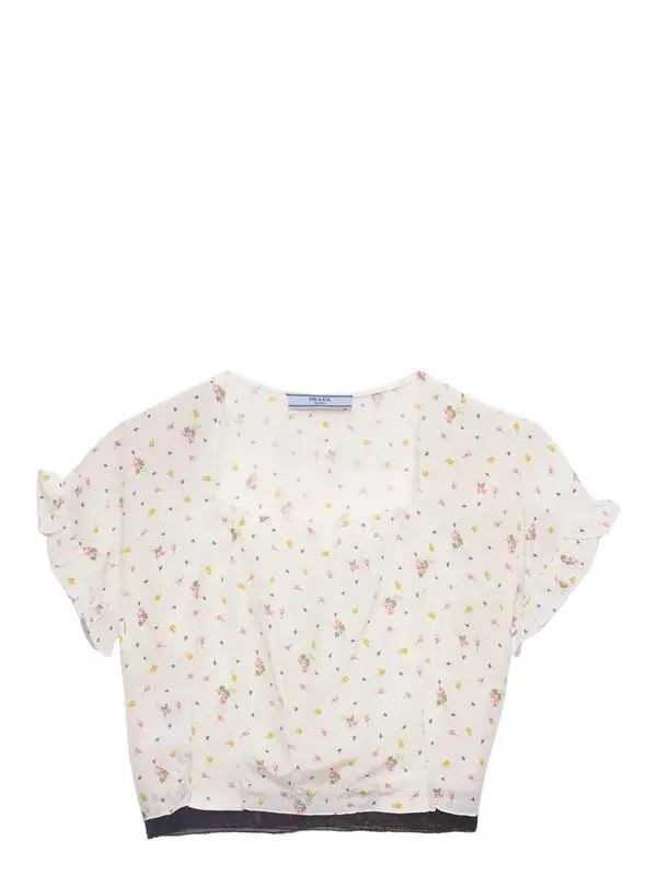 Prada Short-sleeved Floral Print Pongé Crop Top - White