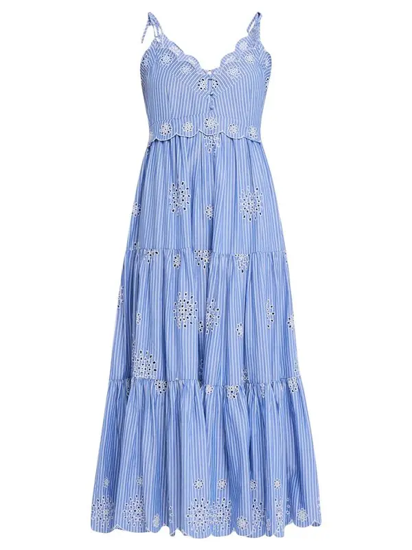 Cinq À Sept Darcey Pinstripe Embroidered Sleeveless Midi Dress - Endless Blue