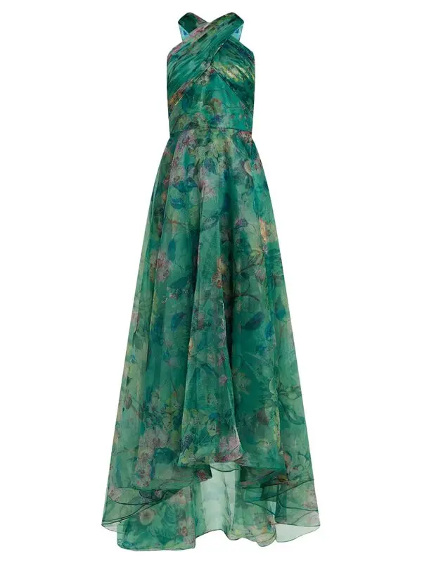 Theia Luana Floral-print Organza Halter Gown - Lush Greenwood