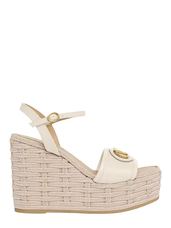 Valentino Garavani Vlogo Leather Medallion Wedge Espadrilles - I16 Light Ivory