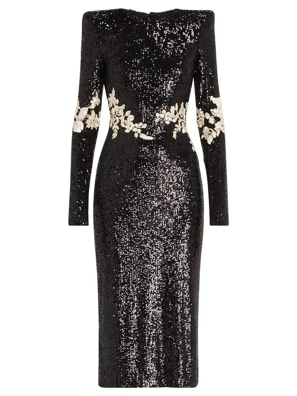 Naeem Khan Floral Applique Sequined Midi Dress - Black White