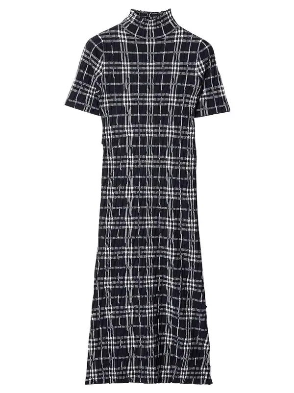 Burberry Check Intarsia Crinkle Midi Dress - Inkchalk