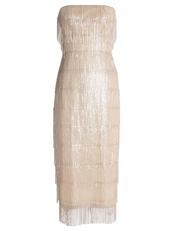 Dress The Population Morgan Bead & Sequin Fringe Midi Dress - Champagne