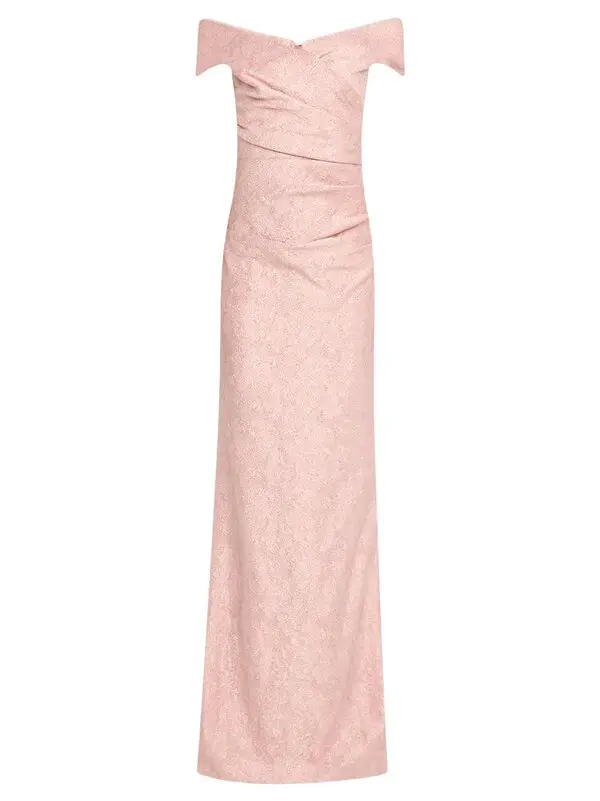 Rickie Freeman For Teri Jon Off-shoulder Metallic Jacquard Column Gown - Rose Gold