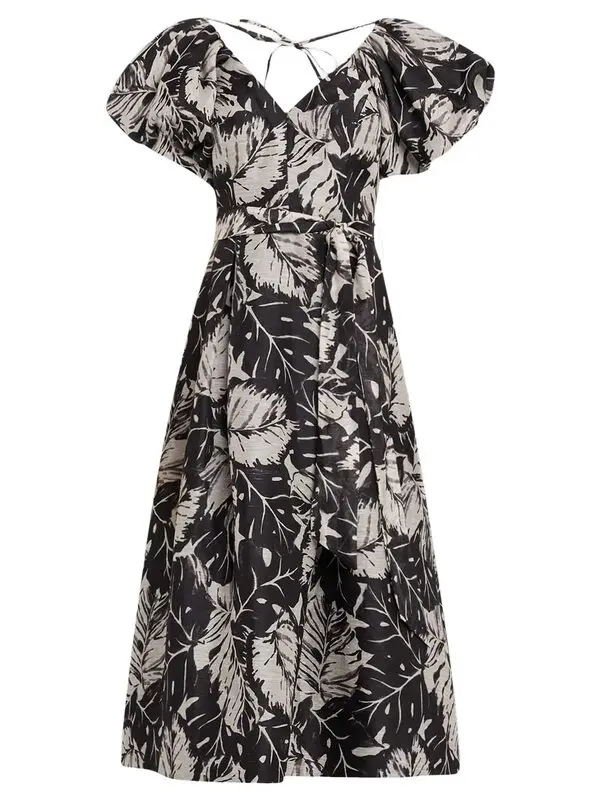 Rickie Freeman For Teri Jon Botanical-print Pleated Midi Dress - Black Ivor