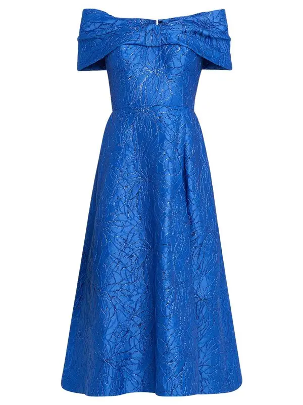 Rickie Freeman For Teri Jon Off-shoulder Floral Jacquard Midi Dress - Blue
