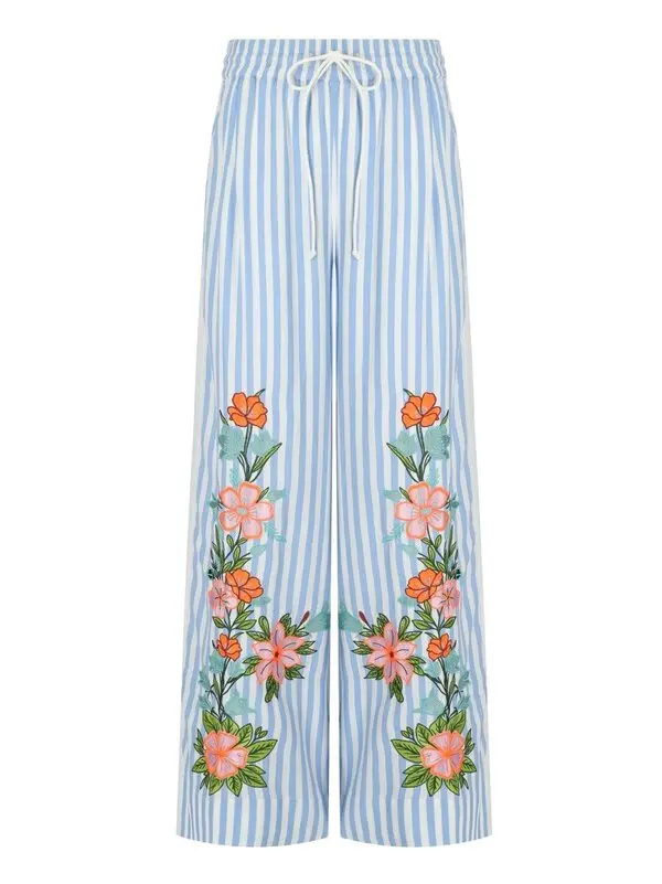 Essentiel Antwerp Floral Embroidered Wide-leg Trousers - Light Blue