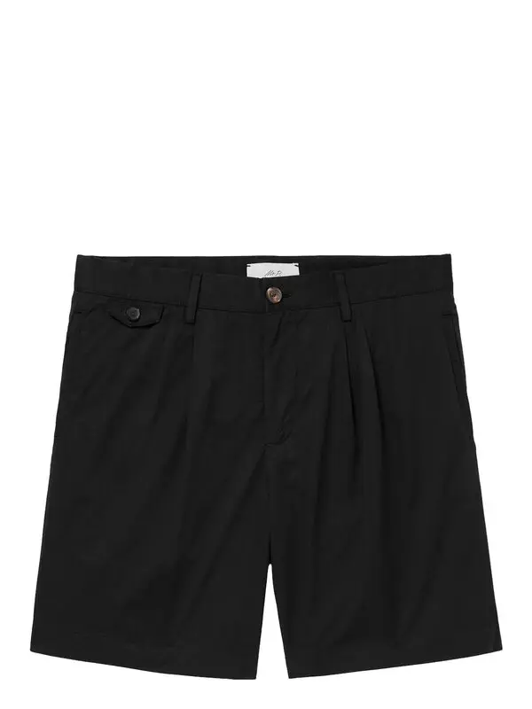 Mr P. Straight-leg Pleated Organic Cotton-poplin Shorts - Black