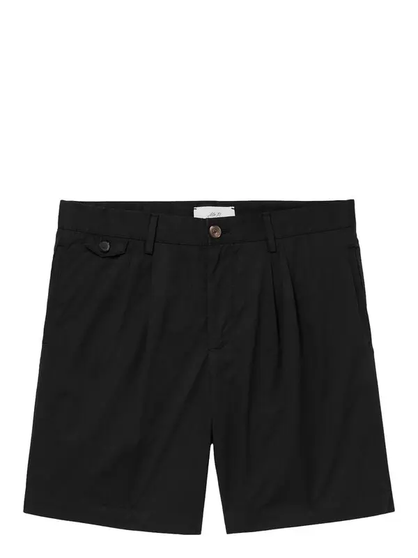 Mr P. Straight-leg Pleated Organic Cotton-poplin Shorts - Black