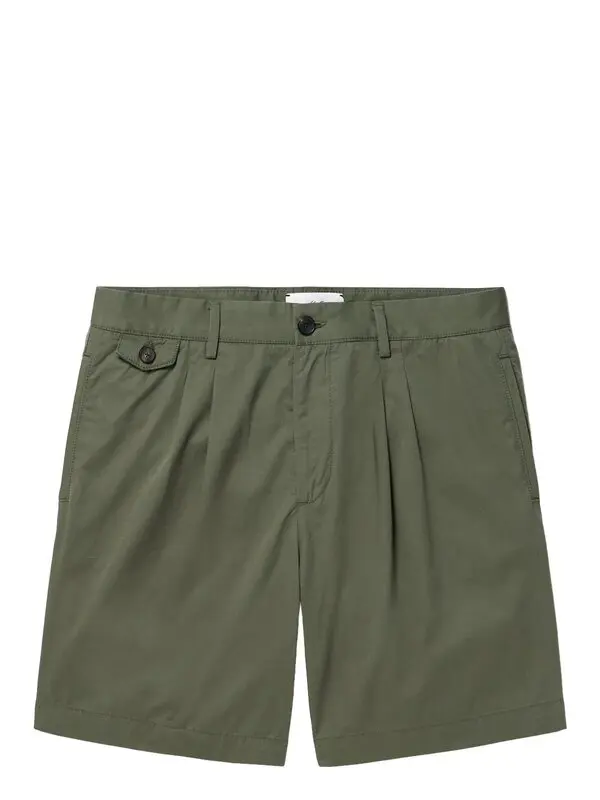 Mr P. Straight-leg Pleated Organic Cotton-poplin Shorts - Green