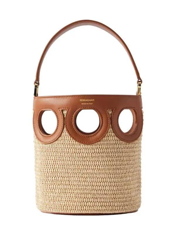 FERRAGAMO Leather-paneled Raffia Tote - Neutrals
