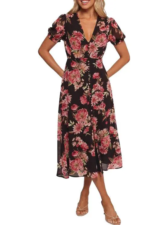 PETAL & PUP Floral Puff Sleeve Midi Dress - Black Floral