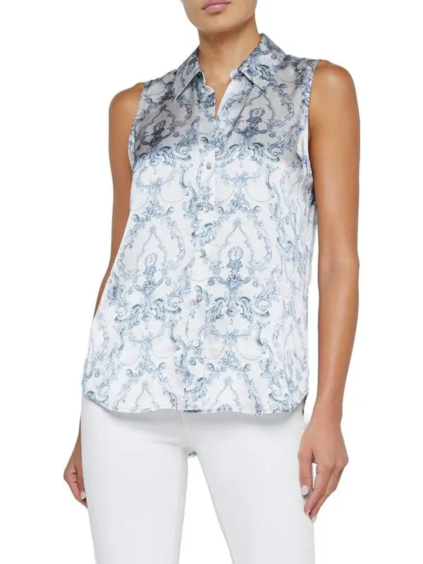L'Agence Emmy Sleeveless Silk Shirt - White Blue Scroll Toile