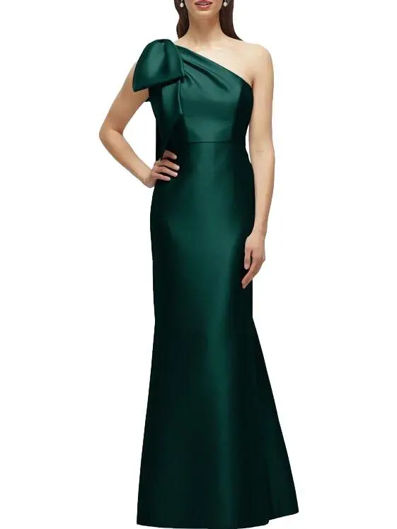 Alfred Sung Bow One-shoulder Satin Twill Mermaid Gown - Evergreen