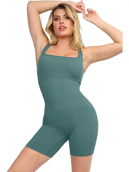 POPILUSH Shapewear Seamless Square Neck Sport Romper - Fluorescence Green