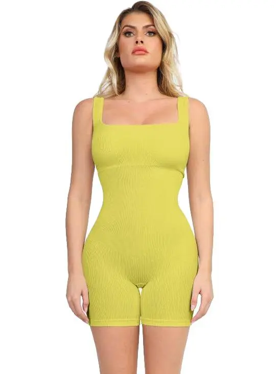 POPILUSH Shapewear Seamless Square Neck Sport Romper - Lemon Yellow
