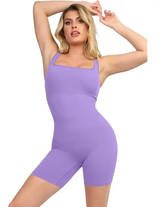 POPILUSH Shapewear Seamless Square Neck Sport Romper - Light Purple