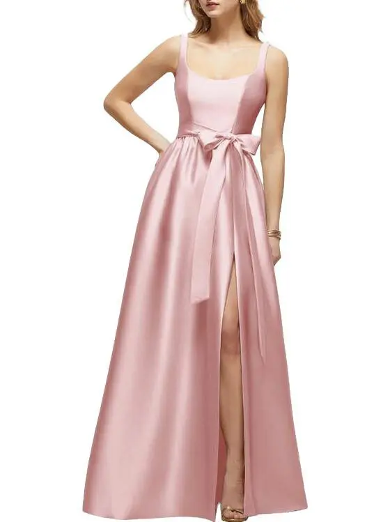 Dessy Collection Satin Twill Gown With Bow - Ballet Pink