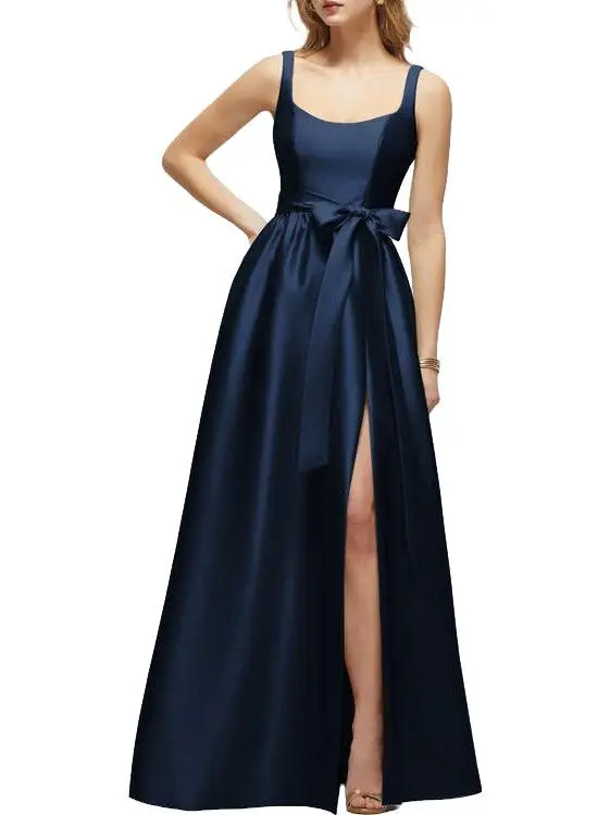 Dessy Collection Satin Twill Gown With Bow - Midnight