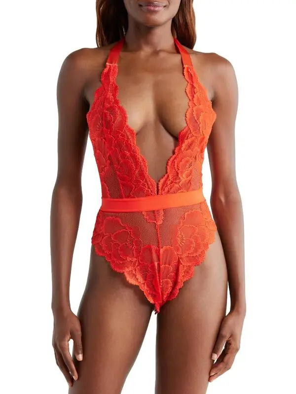 KILO BRAVA Floral Lace Halter Teddy - Tigerlily