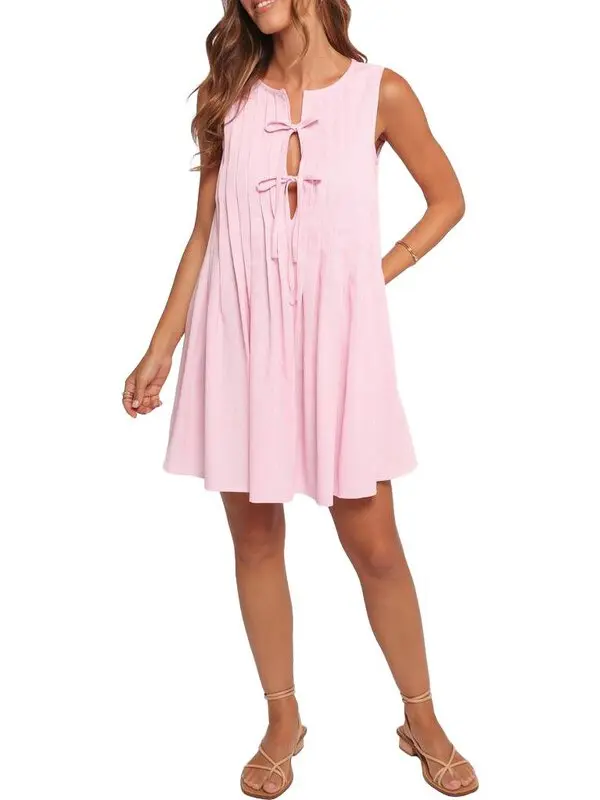 PETAL & PUP Madeline Pintuck Tie Front Minidress - Pale Pink