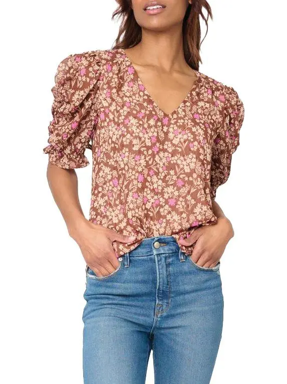 GIBSONLOOK Floral Print Puff Sleeve Top - Toffee/ Pink Floral