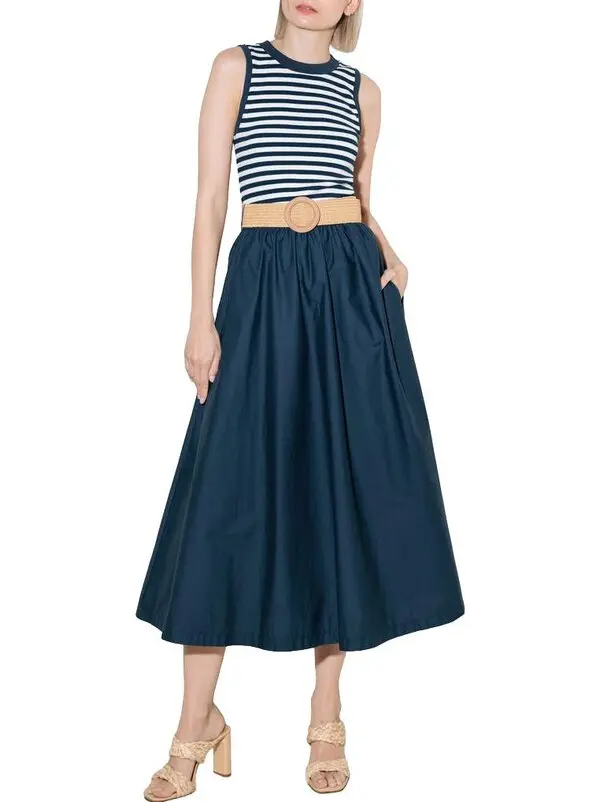 FREEMARKET Belted Mixed Media Midi Dress - Navy Mix