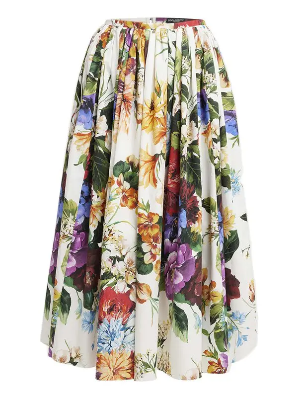 Dolce & Gabbana Flower Bouquet Pleated Popeline Midi Skirt - Whtprtflow