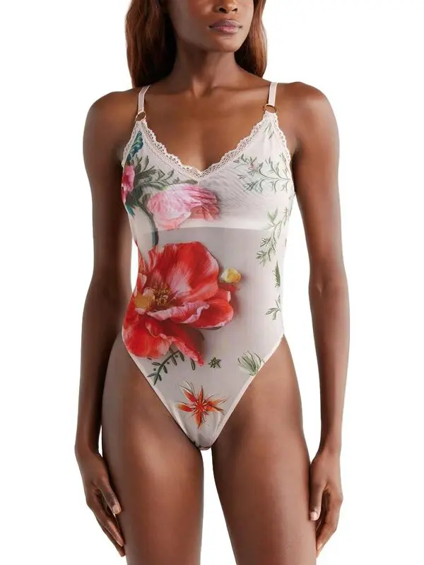 KILO BRAVA Placement Print Shelf Bra Bodysuit - 3d Floral