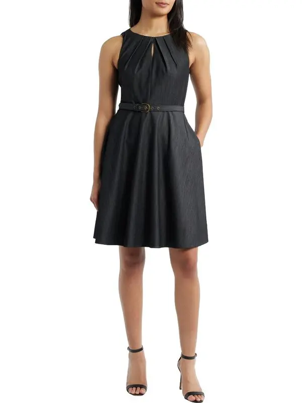 TAHARI ASL Pleated Belted Fit & Flare Dress - Black