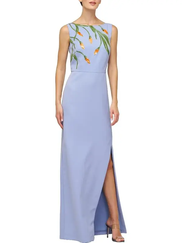 KAY UNGER Ira Placed Paillette Floral Column Gown - Blue Bird