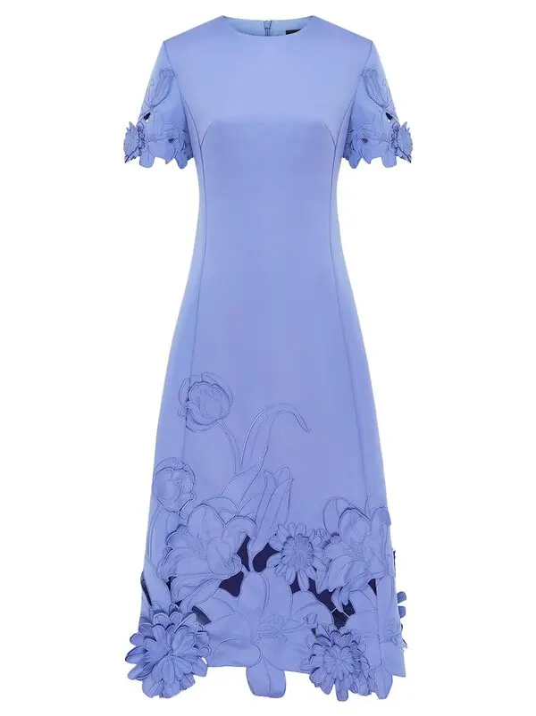 LEO LIN Floral-embroidered Cutout Midi Dress - Blue