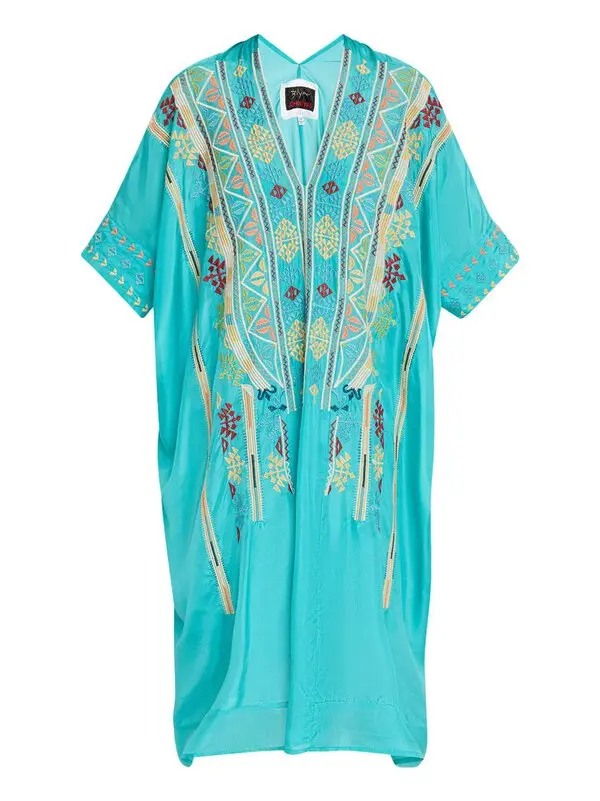 Johnny Was Kendry Geometric-embroidered Silk Midi Kaftan - Blkpat