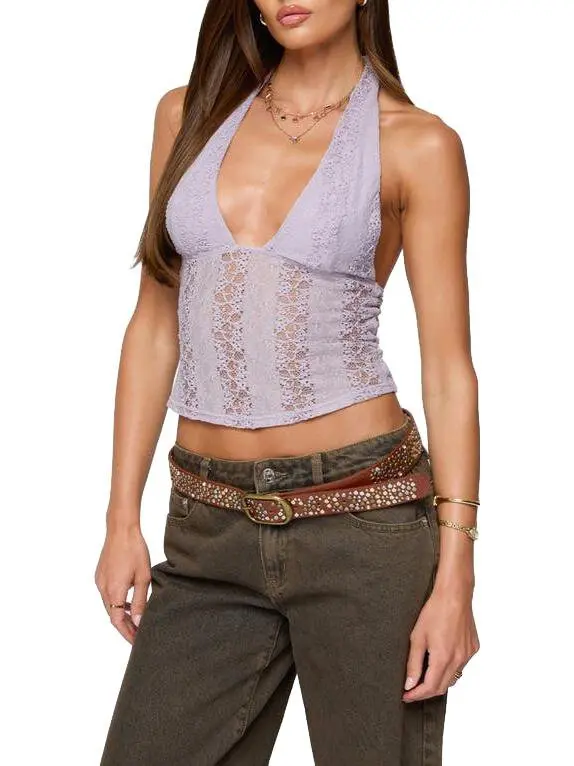 EDIKTED Naya Textured Lace Halter Top - Lilac